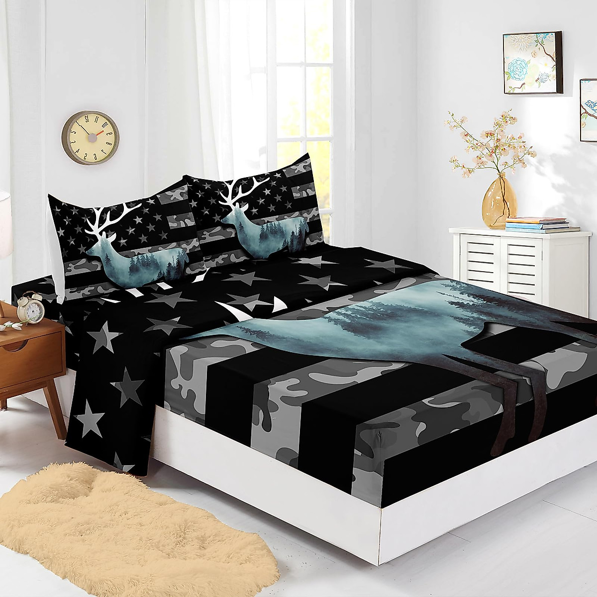 Axolotl American Flag Sheet Set Queen,Deer Hunting Camo Bedding,Hunter Bedding Set American Flag Fitted Sheet,Deer Fitted Sheet Set for Boys Teens Kids Man,1 Flat Sheet 1 Fitted Sheet 2 Pillow Cases
