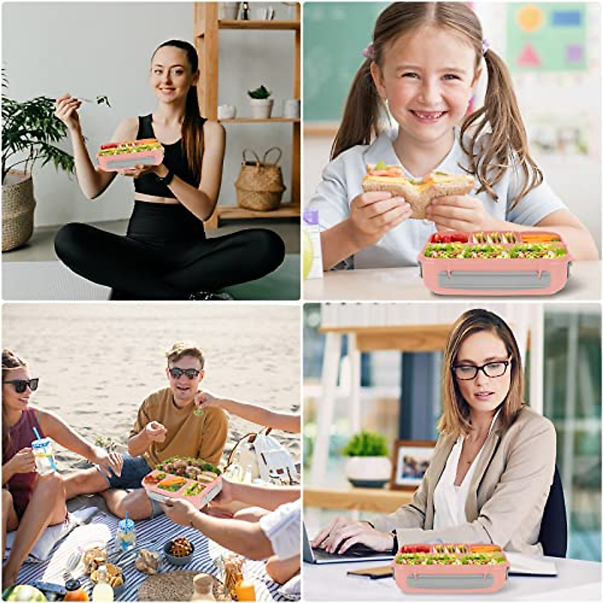 Zekloca Bento Box, 1300ML 4 Compartment Lunch Box Kids, Leak-Proof Design, Microwave/Dishwasher/Freezer Safe, BPA Free, Pink