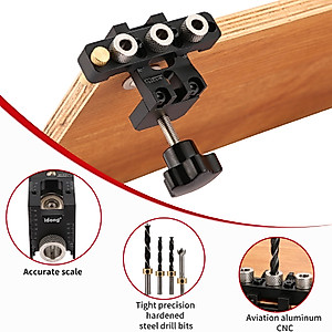 3-in-1 Pocket Hole Jig Kit for straight holes, 8/10/15 mm Pocket Hole Wooden Dowel Drilling Template Set with Positioning Clip Adjustable Drill Guide Puncher Locator (Self Centering Doweling Jig Kit)