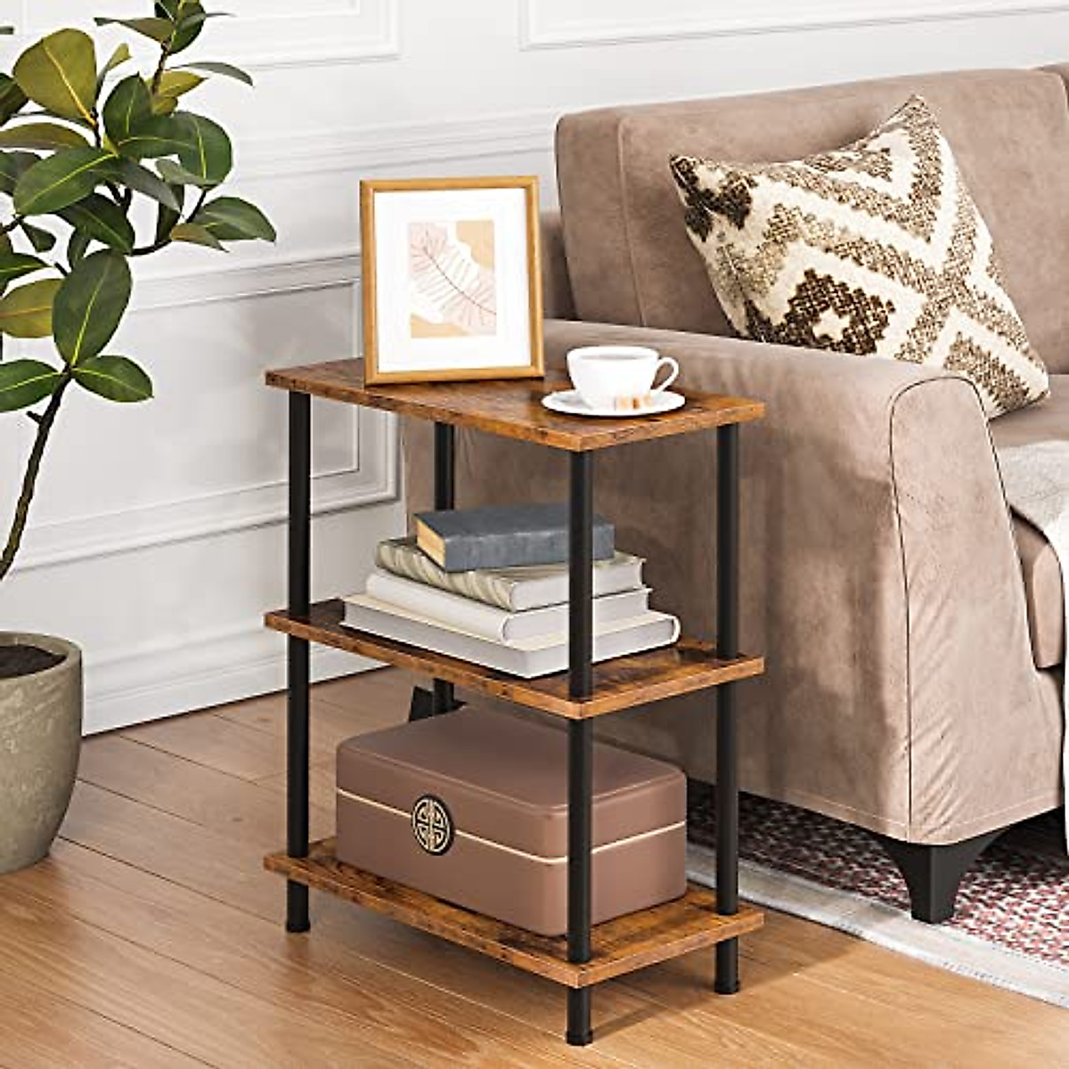 HOOBRO Side Tables Set of 2, 3-Layer Stackable End Table, Stable Bedside Table for Small Space in Bedroom, Living Room, Hallway, Easy Assembly, Industrial Style, Rustic Brown BF48BZP201