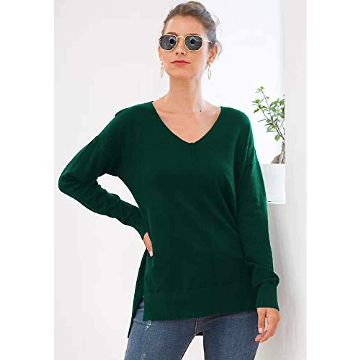 Jouica Womens Fall Casual Long Sleeve Pullover Sweater(Dark Green,X-Large)