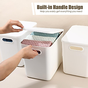 Honeydak 6 Pcs White Plastic Storage Bins with Lids 11.81" x 8.07" x 9.84" Plastic Storage Baskets Bins Boxes Stackable Containers with Lids for Organizing Organizer Bins for Shelves Drawer Playroom