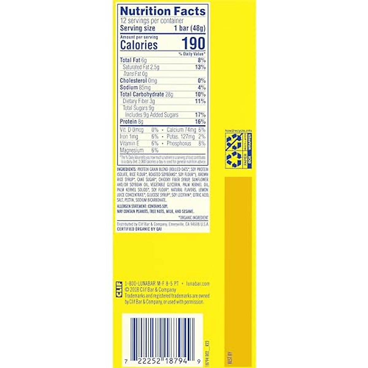LUNA Bar - LemonZest Flavor - Gluten-Free - Non-GMO - 7-9g Protein - Made with Organic Oats - Low Glycemic - Whole Nutrition Snack Bars - 1.69 oz. (12 Pack)