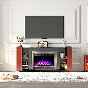 EROMMY 63'' Fireplace TV Stand with 28'' Electric Fireplace Insert, Entertainment Center with 3 Colors Flame Fireplace Heater, TV Console for TVs up to 70'' for Living Room, Bedroom, Office, Cherry