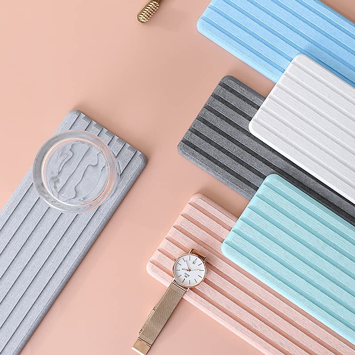 NiuYichee 2 PCS Water Absorbent Diatomite Coasters Rectangle, Grooved Design, Water Absorbing Stone Used for Hand Soaps & Plants & toiletries in The Modern Home (White)