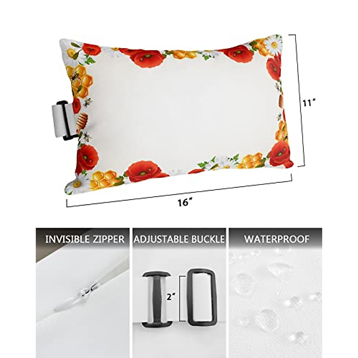 Recliner Head Pillow Ledge Loungers Chair Pillows with Insert Farm Bees Honeycomb Flowers Border Lumbar Pillow with Adjustable Strap Outside Patio Decorative Garden Cushion for Bench Couch, 2 PCS