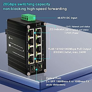 Throncom Industrial Gigabit PoE Fiber Switch 8 Ports PoE+ Ethernet Switch with 100/1000M Adaptive 2 SFP Slots Din Rail Unmanaged 10/100/1000Mbps Small Network Switch IEEE802.3af/at 30W/240W 48-57V DC