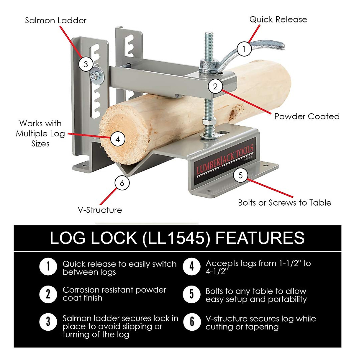 Lumberjack Tools Log Lock 1-1/2" - 4-1/2" Logs, Log Holder - Log Vice (LL1545), Grey