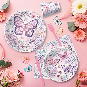 Suhelkit Butterfly Party Decorations Tableware - Butterfly Birthday Party Supplies, Paper Plate, Cup, Napkin, Tablecloth, Disposable Cutlery, Butterfly Baby Shower Decorations For Girl | Serve 24