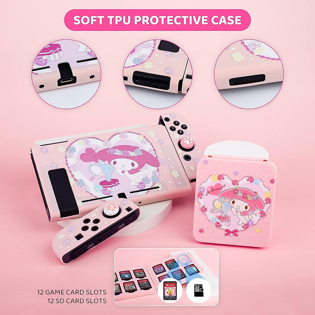 RHOTALL Cute Bunny Carrying Case for Nintendo Switch, Pink Potable Travel Case Accessories Bundle for Switch with Protective Shell, Shoulder Strap, Game Card Case, Screen Protector and 2 Thumb Caps