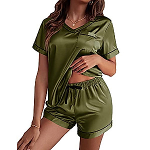 Ekouaer Women Satin Sleepwear Slip 2 Piece Pajamas Silk Pjs Short Sleeve Top and Loose Shorts Outfits Set Army Green XL