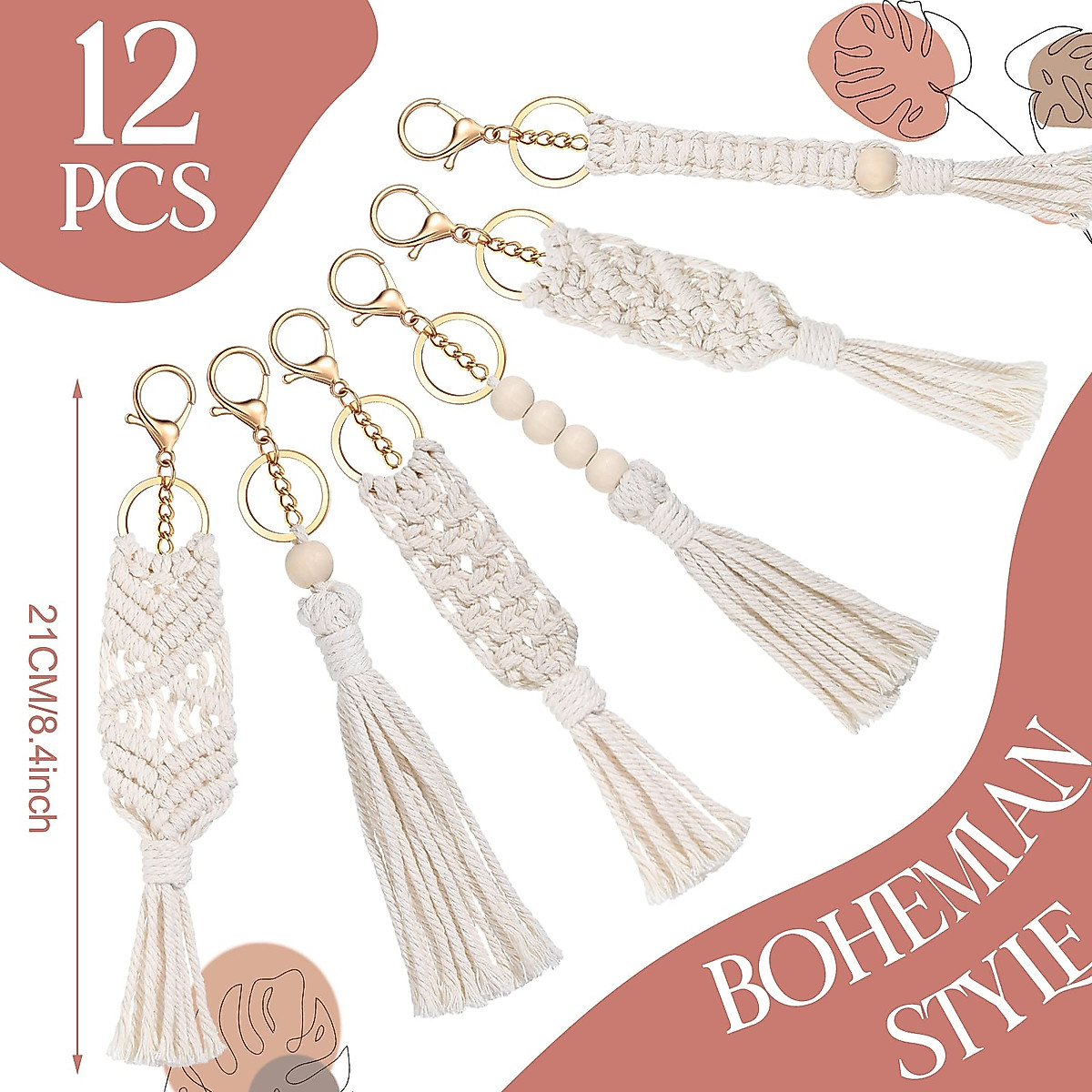 Junkin Macrame Boho Keychains Bulk Handcrafted Aesthetic Key Chain with Tassel for Women Car Key Purse Wallet Beige (12 Pieces)
