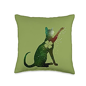 Animals Watercolor Artwork Shamrock Leaf Clover Luck Cat Watercolor St Patricks Day Throw Pillow, 16x16, Multicolor