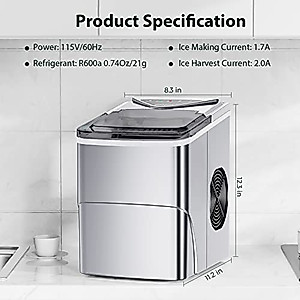 Ice Makers Countertop, Self-Cleaning Function, Portable Electric Ice Cube Maker Machine, 9 Ice Cubes Ready in 6 Mins, 26lbs 24Hrs with Ice Bags and Ice Scoop Basket for Home Kitchen Office Bar(Silver)