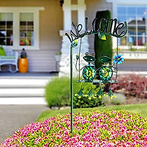 HONGLAND Outdoor Garden Solar Lights,Frog Swing Garden Decor,Frog Decorative Stake with Welcome Sign for Landscape Patio Yard (48 inch)
