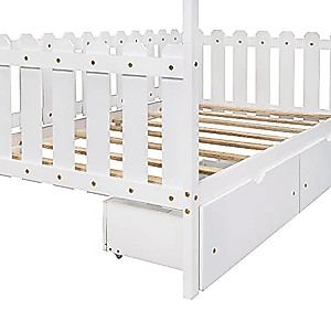Lifeand Twin Size House Bed with 2 Drawers, Fence-Shaped Guardrail and Sky Roof, Solid Wood Bedframe for Gilrs Boys,White