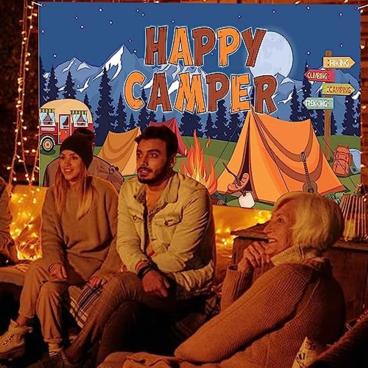 LLMSIX Camping Background, 5×3FT Happy Camper Banner Cartoon Forest Animal Campfire Background Camping Photo Backdrop Camping Themed Party Decoration Children Birthday Party Photo Props