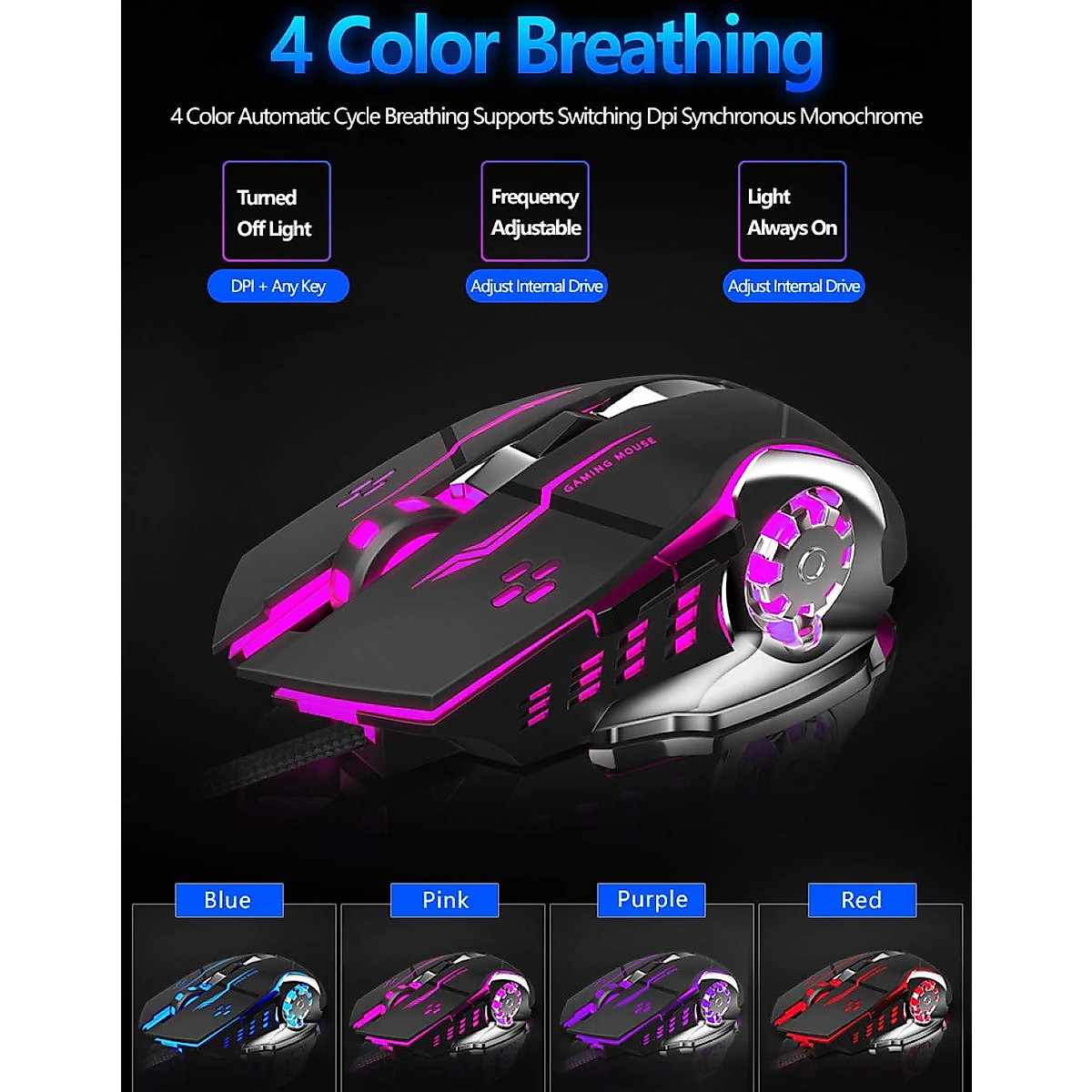 Gaming Mouse, Ergonomic USB Wired Gaming Optical Mice with 6 Programmable Buttons and 4 Colors LED Backlight, 4 DPI Settings Up to 2400 DPI Computer Mouse for Laptop PC Games & Work(Black)