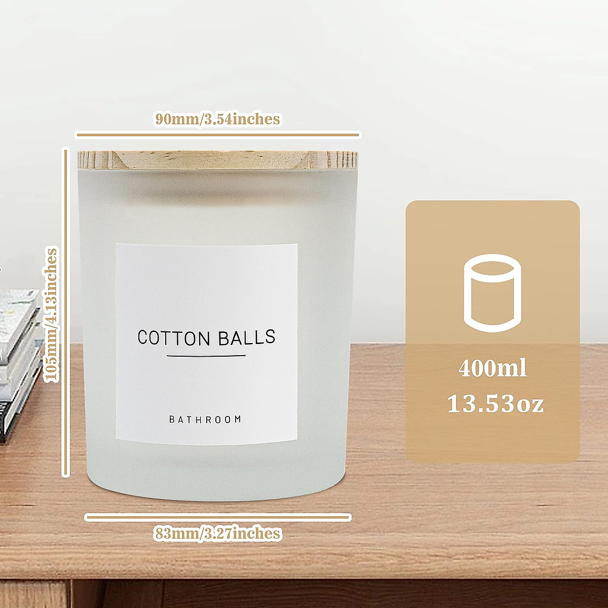 Ezebesta 3PCS Modern 13.53oz Transparent Bathroom Canisters with 12 Labels & Wooden Lid Thick Glass Jar Set Qtip Holder for Cotton Ball & Pads Storage Organization Minimalist Decor