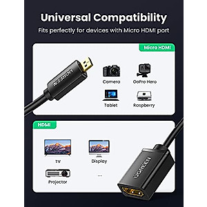 UGREEN 4K Micro HDMI to HDMI Adapter Male to Female Cable HDMI 2.0 4K@60Hz HDR 3D Dolby 18Gbps High Speed Compatible with GoPro Hero 7 6 Raspberry Pi 4 Sony A6000 Camera Retroid Pocket 2+