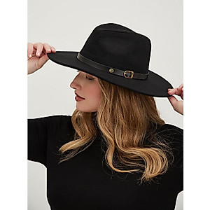 UTOWO Classic Black-Felt-Fedora-Hats-for-Women, Wide-Brim-Wool-Rancher-Panama Jazz Hat with Belt-Buckle