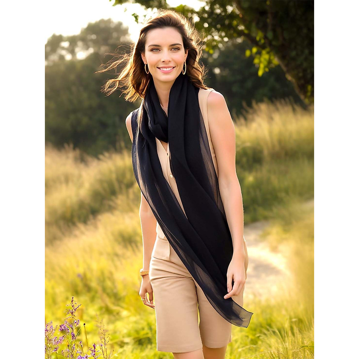 Ovcio Featherlight Black Cashmere Scarf - 100% Pure Cashmere Wrap Scarf for Women (87x39) with Gift Box