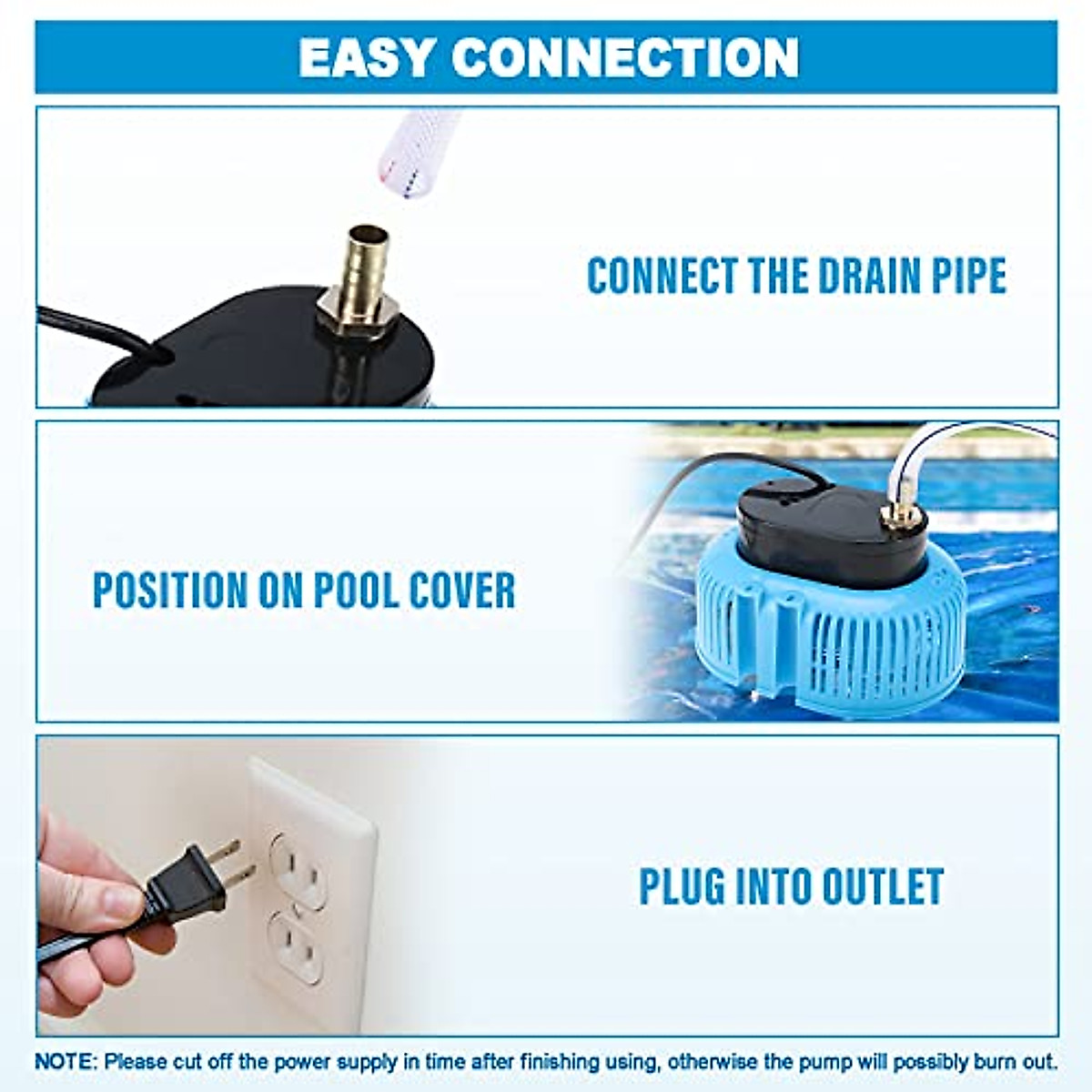 Patioer Pool Cover Pump, 850 GPH Above Ground Swimming Pool Pump Cover, Submersible Water Pump Kit with Drainage Hose Adapters, Water Pump for Pool Draining