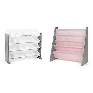 Humble Crew Supersized Wood Toy Storage Organizer, Extra Large, Grey/White & Book Organizer Kids Bookshelf, Grey/Pink