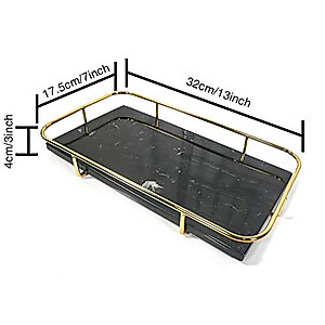 PuTwo Decorative Tray Black Marble Tray with Polished Gold Metal Handles Jewelry Tray Handmade Catchall Vanity Tray for Dresser Bathroom Vanity Table Bar Ideal Gift for Birthday Christmas - Black