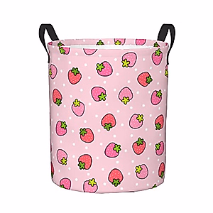 Dujiea Pink Strawberry Laundry Basket Round with Handle, Collapsible Foldable Canvas Storage Bin Dirty Clothes Bag for Laundry/Toys Organizer/College Dorm/Nursery/Decor(2 Sizes)