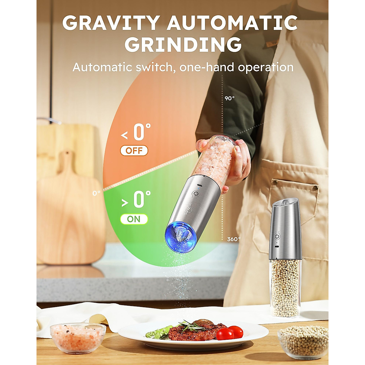 Sangcon Gravity Electric Salt and Pepper Grinder Set Shaker 𝐔𝐩𝐠𝐫𝐚𝐝𝐞𝐝 Rechargeable 9oz XL Capacity - USB-C No Battery Needed One Hand Operation Adjustable Coarsenes Automatic Mill