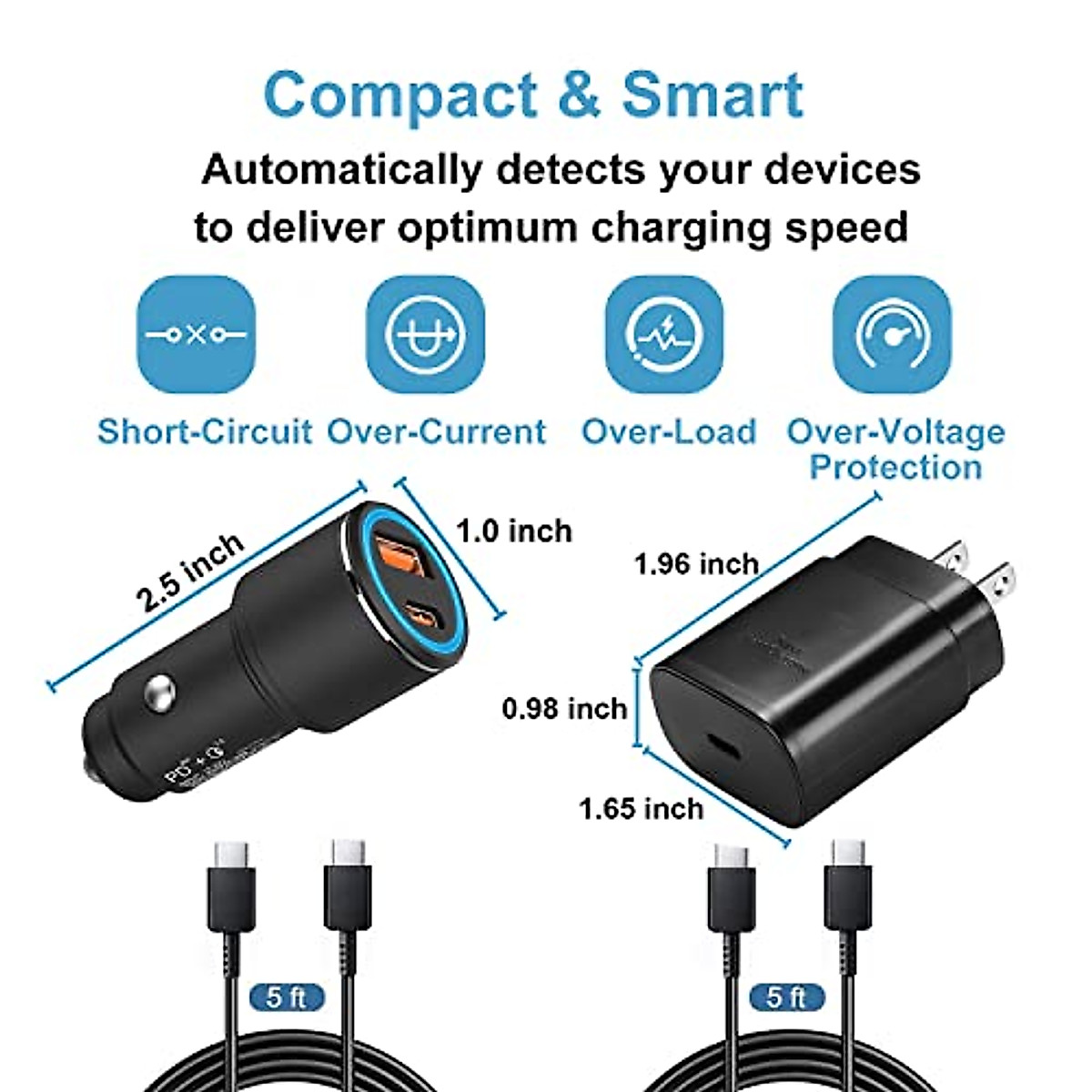 Samsung 25W Super Fast Charger Kit,PD USB C Charger Fast Charging Block/Car Adapter with 2X C to C Cord(5ft) for Samsung Galaxy S23/S22/S21/S20/Plus/Ultra/Note 20/Z Fold 3