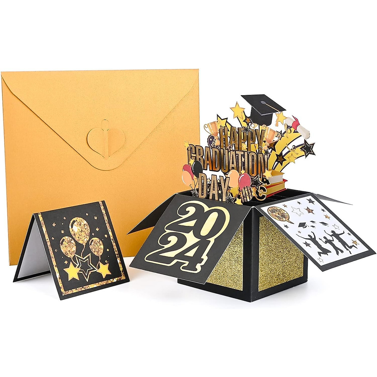 POPGIFTU 2024 Graduation Pop Up Card, Black Gold Pop Up Congrats Grad 2024 Greeting Card with Envelope, Congratulations Graduation Gifts for 2024 High School College University Graduates