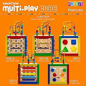 Wooden Activity Play Cube 6 in-1 for Baby with Removable Bead Maze, Shape Sorter, Abacus Counting Beads & Numbers, Sliding Shapes, 8Pcs Stacking Cups – Play22