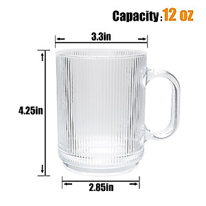 Cadamada 12 oz Glass Coffee Mugs with Handle, Classic Vertical Stripes Glass Coffee Cups, Transparent Tea Cup for Beverages, Latte,Glassware Set for Americano, Cappuccino,Hot Milk,2 Pack
