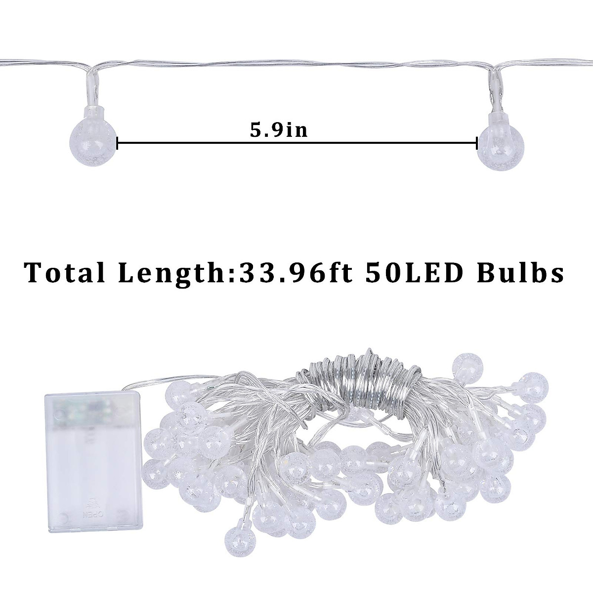 Battery Powered String Lights（2-Pack）, 50-LED Globe String Lights with 8-Lighting Modes, Battery Operated Waterproof String Lights for Home, Party, Christmas, Wedding, Garden Decoration 33.4ft