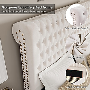 King Size Bed Frame 55" Tall Headboard with Gorgeous Button Tufted and Nail, Velvet Fabric Upholstered Bed Frame includes 4 Under-bed Storage Drawers, Wooden Slats, Noise-Free, Easy Assembly, Beige