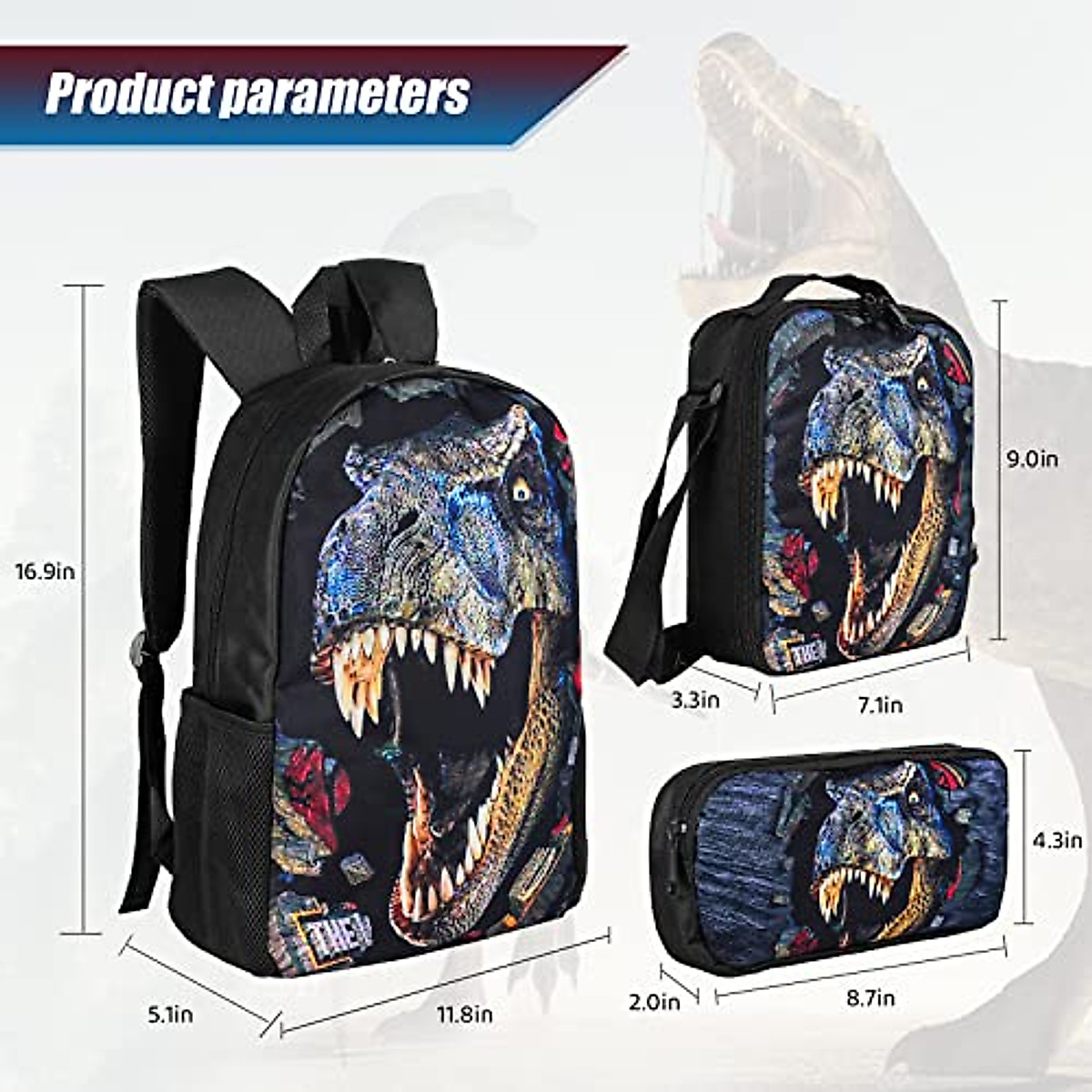 Cool 3D Printing Dinasaur School Backpack For Boys Girls School Book Bags + Pen Bag + Lunch Bag (Dinasaur School Backpack A)