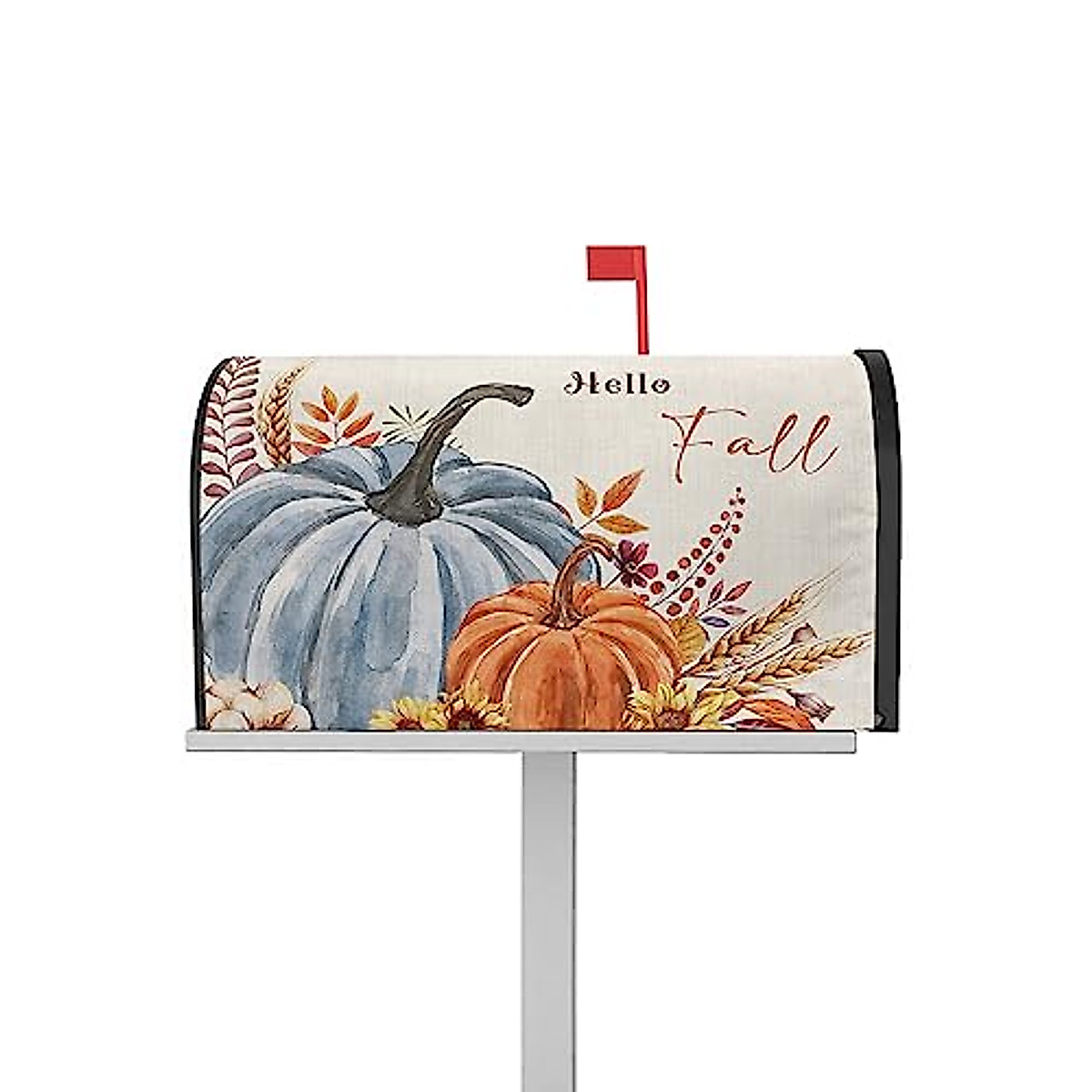 Hello Fall Magnetic Mailbox Cover Oversized 21"x25.5" Rustic Orange Blue Pumpkims Leaves Flowers Thanksgiving Post Box Cover Mailbox Wraps Post Letter Box Cover for Holiday Garden Yard Outdoor Decor
