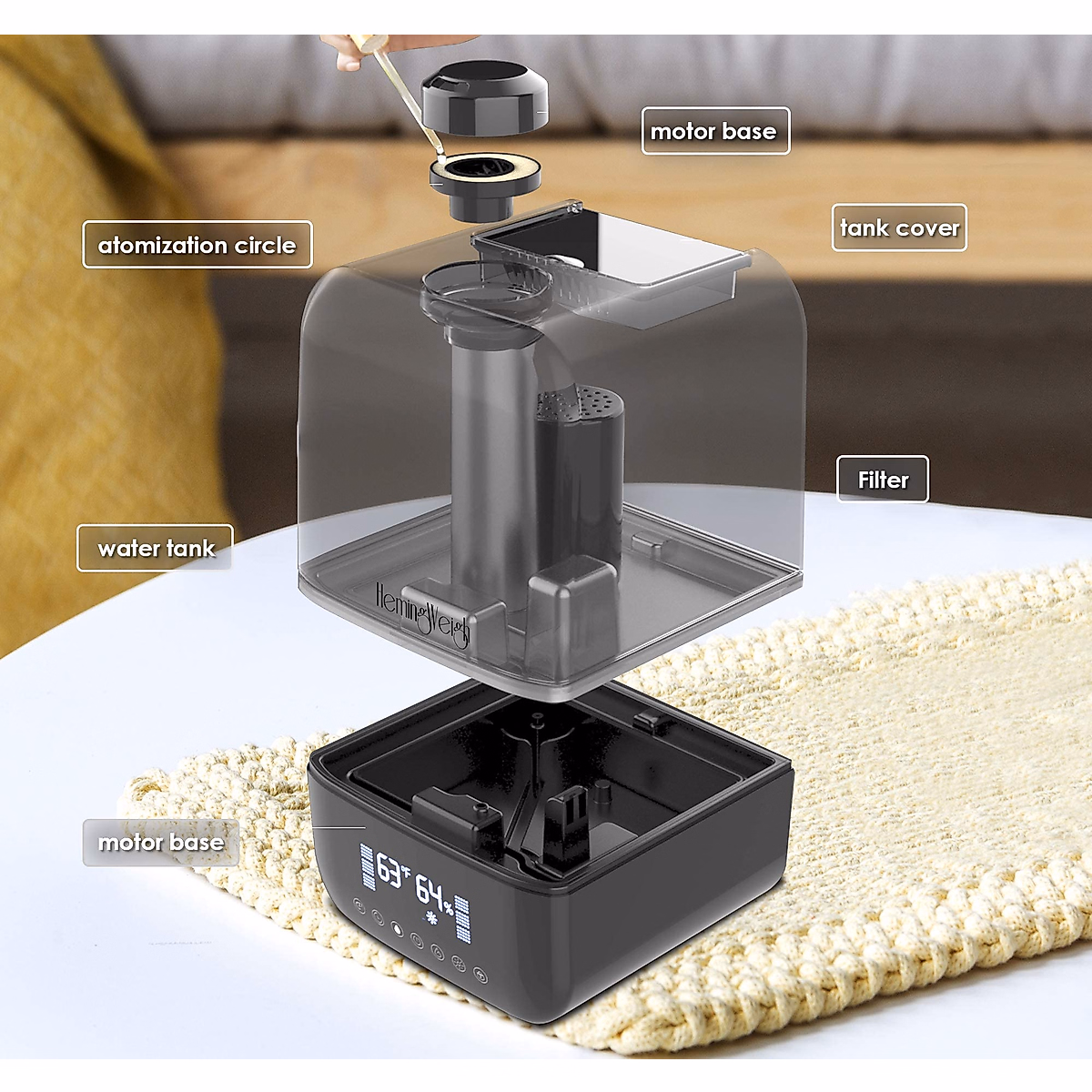 HemingWeigh Ultrasonic Mist Air Humidifier with Remote Control and Filter, Gray and Black, 1.2 Gallon