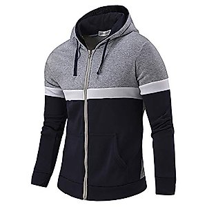 Mens Zipper Hooded Sweatshirts, Thenlian Men‘s Long Sleeve Autumn Winter Patchwork Zipper Pocket Hoodies Top Blouse(Navy, XXL)