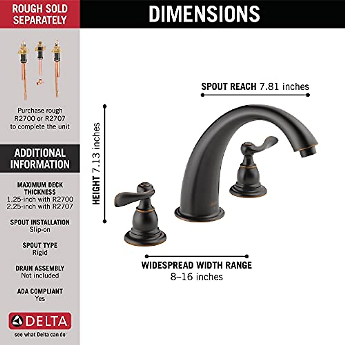 Delta Faucet Windemere 2-Handle Widespread Roman Tub Faucet Trim Kit, Deck-Mount, Oil Rubbed Bronze BT2796-OB (Valve Not Included)