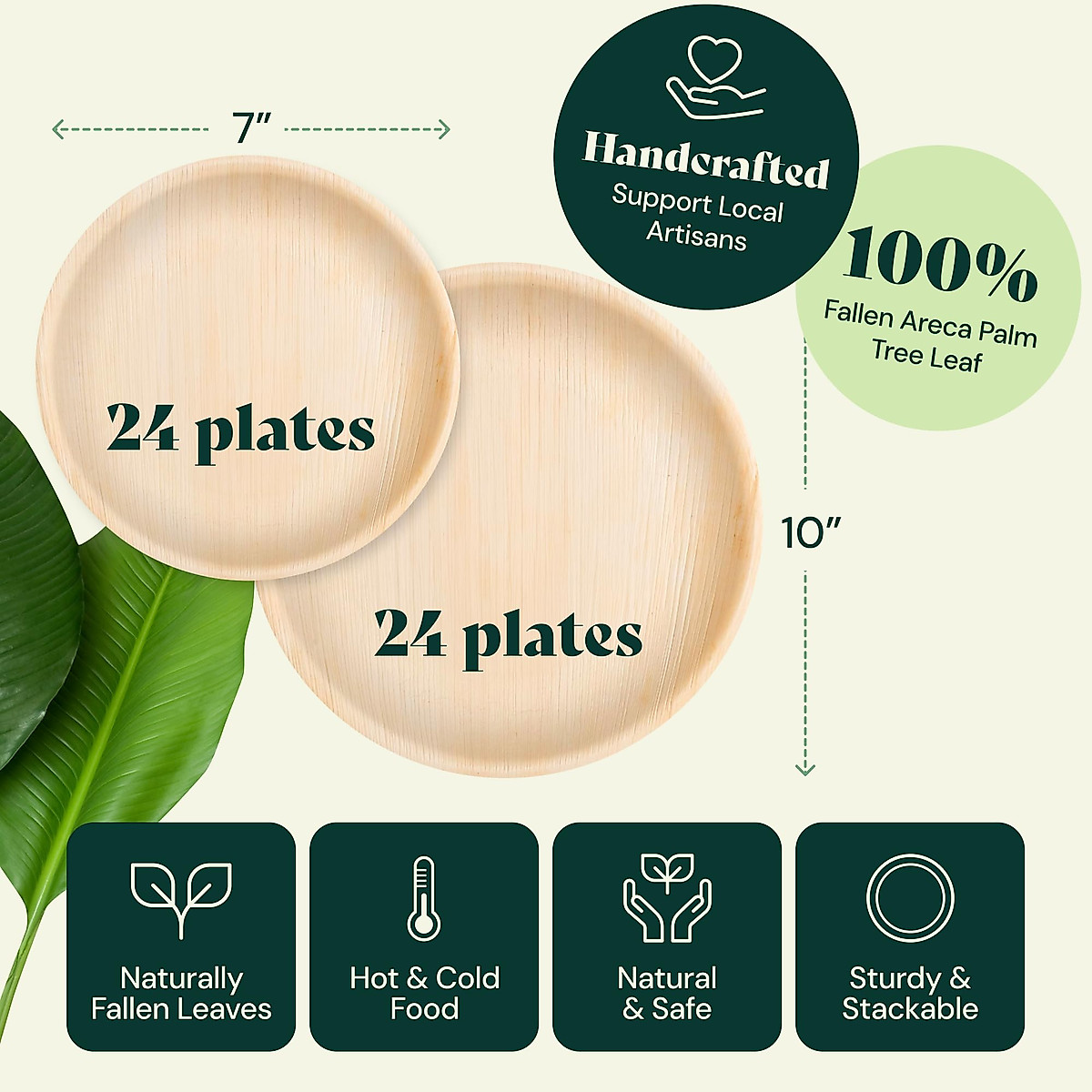 Chic Leaf Palm Leaf Plates Like Bamboo Plates Disposable Compostable and Biodegradable - Wedding, Parties, and Events (48, 10'' + 7'' Party Pack)