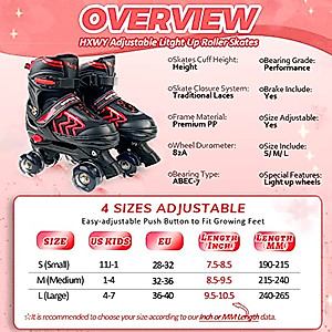 HXWY Kids Roller Skates for Boys Girls Child, Adjustable 4 Sizes Roller Skates for Kids and Youth with Light Up Wheels, Quad Black & Red Roller Skates for Sports (Little Kid 11J-1)