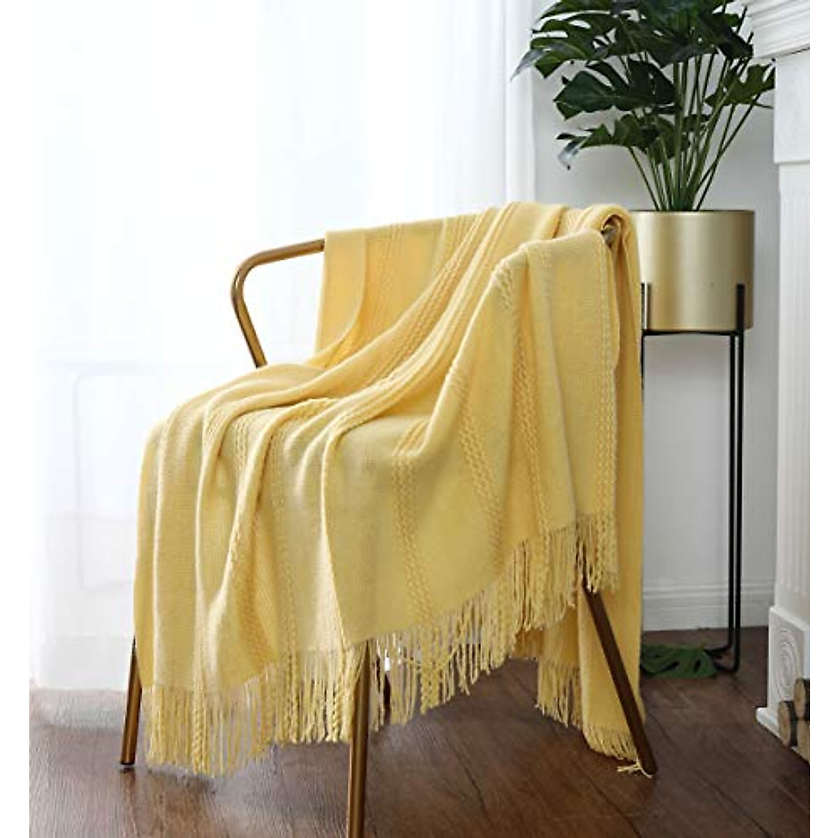 ALPHA HOME Cable Knit Throw Blanket Acrylic Cozy Snuggle TV Bed Sofa Throw for Adults and Kids,50''×60",Gold