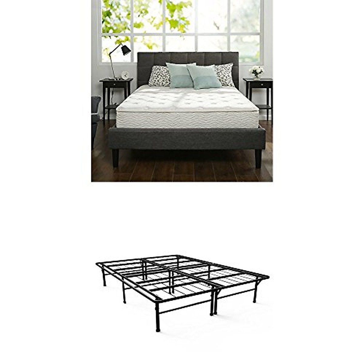 Zinus 10 Inch Hybrid Green Tea Foam and Spring Mattress, Full & Zinus 14 Inch SmartBase Deluxe / Mattress Foundation / Platform Bed Frame / Box Spring Replacement, Full