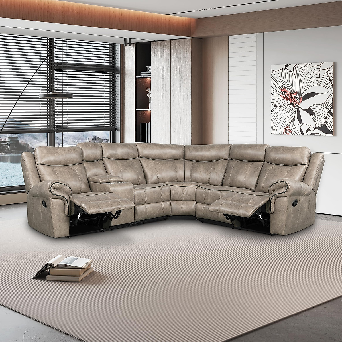 Yoglad Manual L-Shaped Reclining Sofa - Palomino Fabric Sectional Couch with 2 Cup Holders, USB Ports, Hidden Storage, 2 Power Sockets, for Living Room Apartment RV Theater (Light Brown)