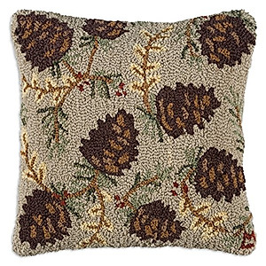 Chandler 4 Corners Artist-Designed Northwoods Cones Hand-Hooked Wool Decorative Throw Pillow (18” x 18”) Lake & Lodge Pillow for Couches & Beds - Easy Care & Low Maintenance - Square Cabin Pillow
