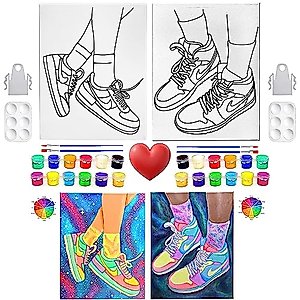 Indigo Art Studio Pre Drawn Canvas Paint Kit for Adults Couples | 2 PACK Bundle | King Queen Love Sneakers | DIY Birthday Gift & Sip and Paint With Twist Party Favor (8x10 Inches)