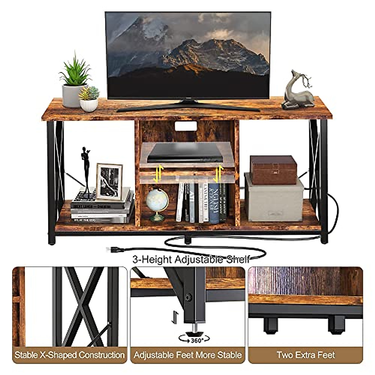 FABATO Wood 55 Inch TV Stand and Entertainment Center with 4 Socket Plug-in Station, 3-Height Adjustable Shelf, and Wire Threading Holes
